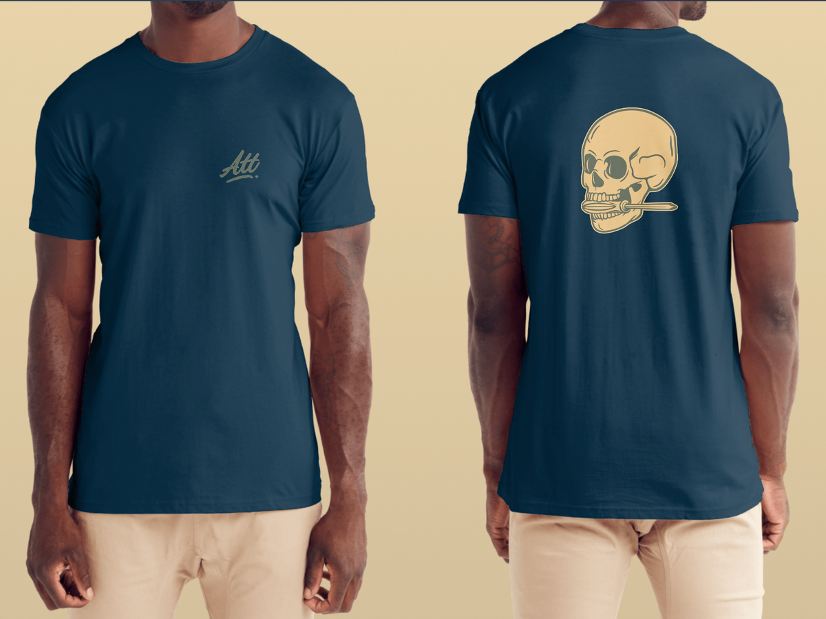 Addicted to tools skull logo corner beige front and back ATT