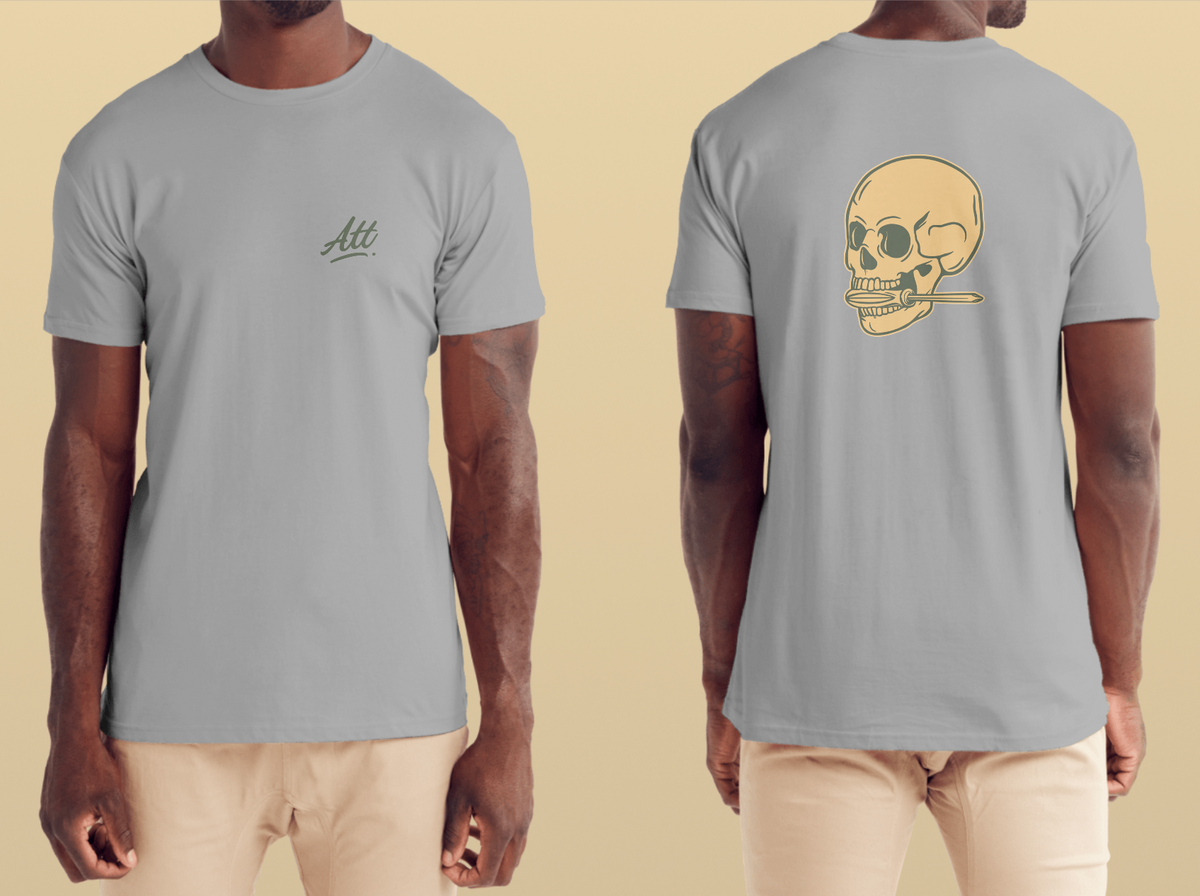 Addicted to tools skull logo corner beige front and back ATT